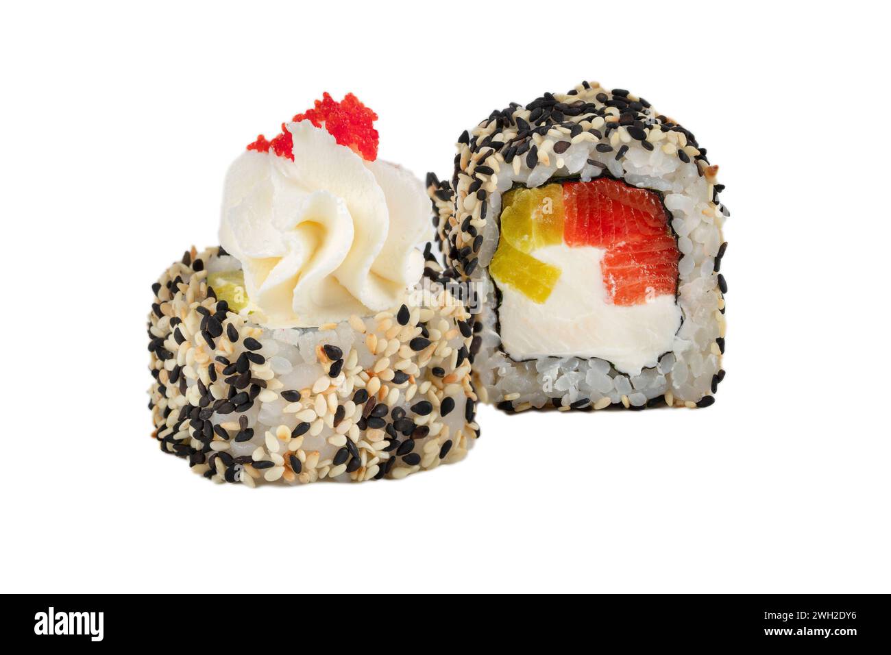 Sushi closeup isolated on white background. Sushi roll with salmon and ...