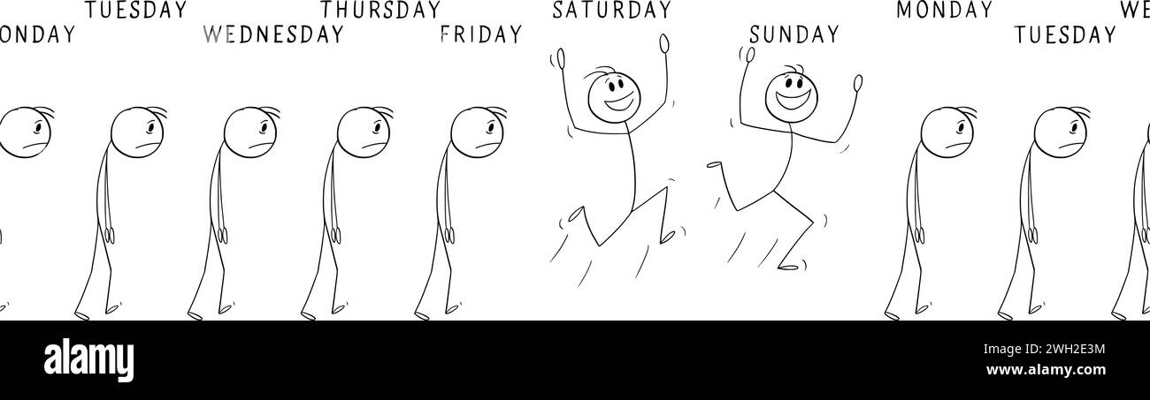 Working Days and Weekend Days Off, Vector Cartoon Stick Figure ...