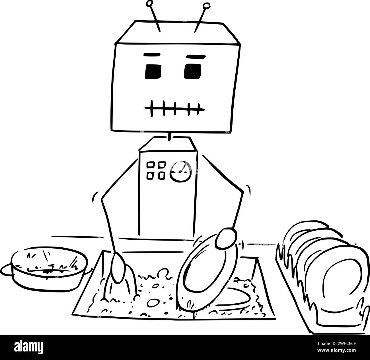 Robot Washing Dishes in Kitchen, Vector Cartoon Stick Figure ...