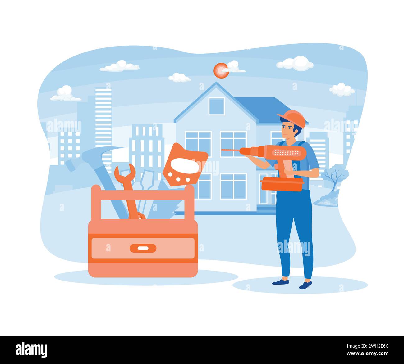 Man with work tools accepts carpenters services. flat vector modern ...