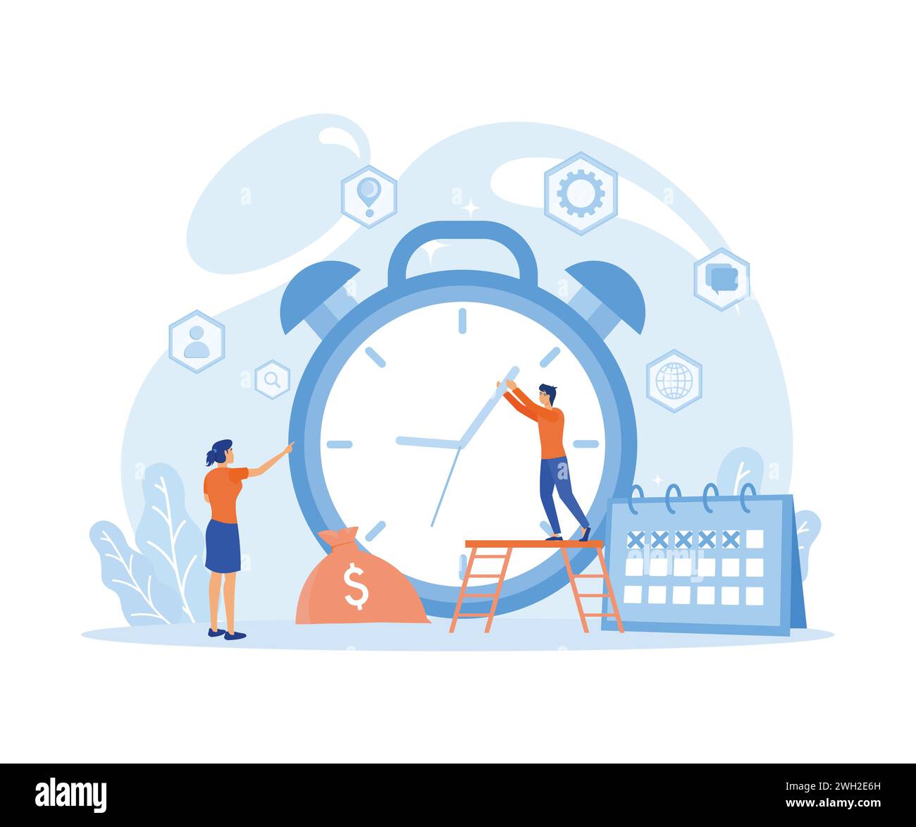 Time Management Concept. Man and woman standing near big clock, talking ...