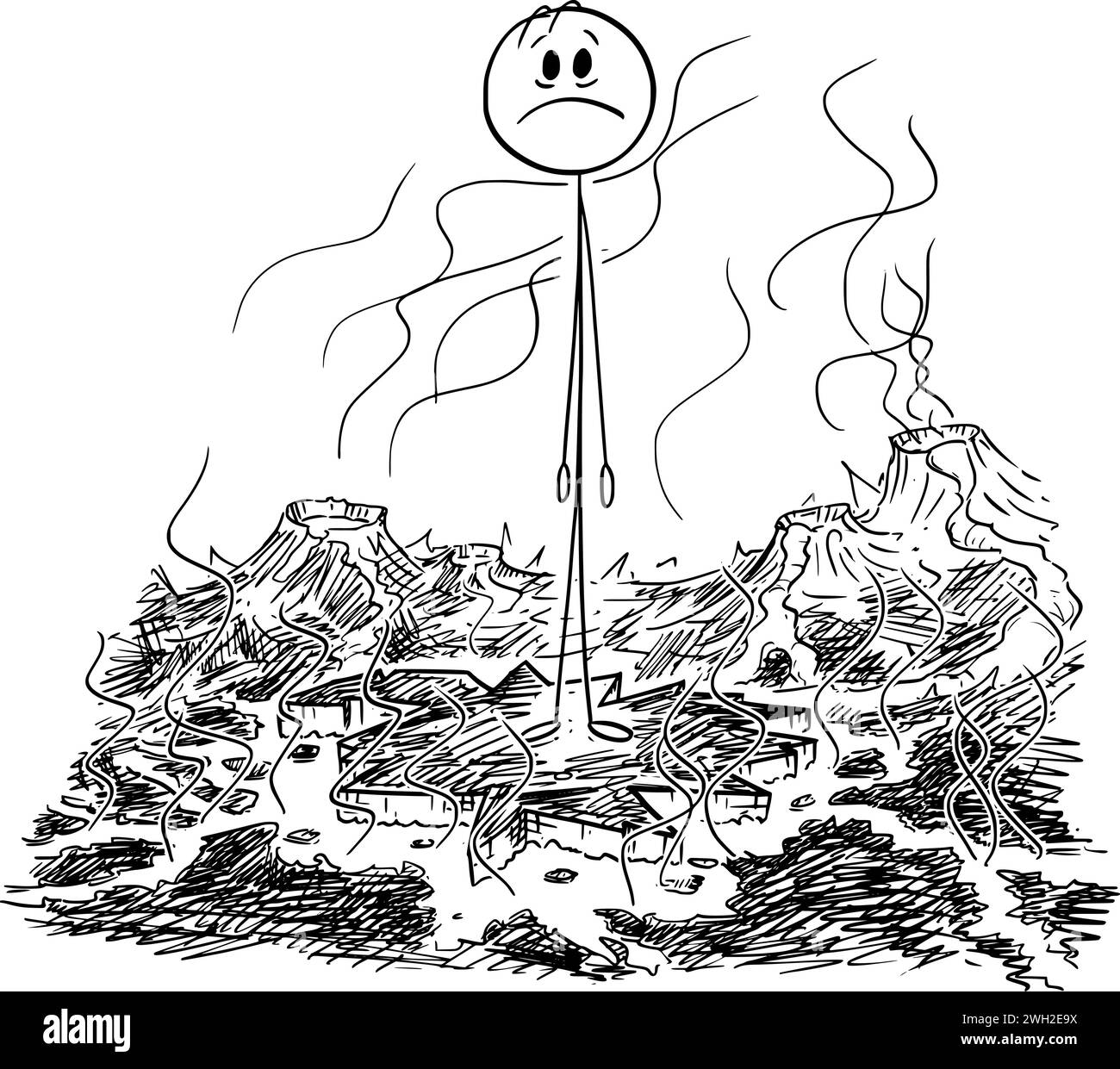 Alone Person Trapped in Hot Lava, Vector Cartoon Stick Figure ...