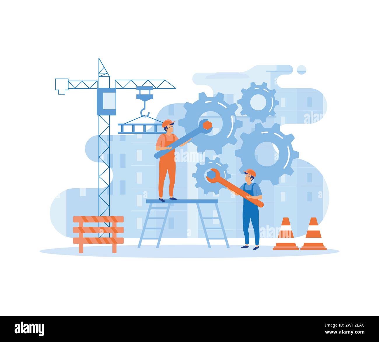 Pairs of workers turn the gears of the teamwork process in the overall ...