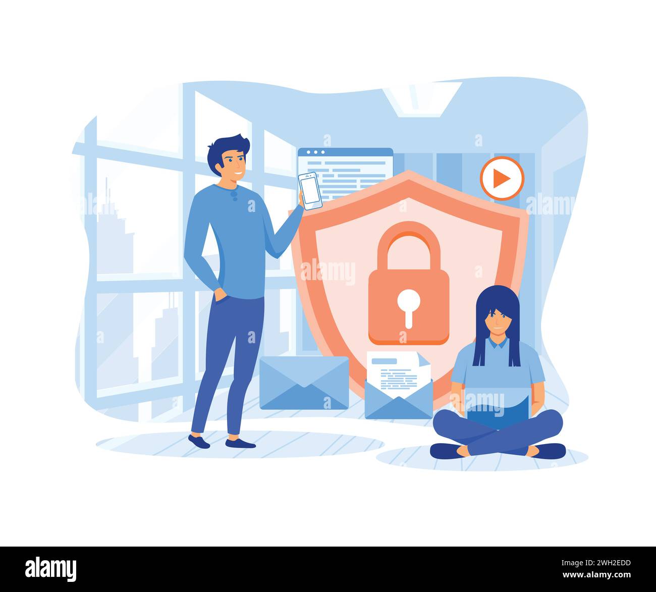 Man and woman protecting personal data. Security and protection of confidential data, Internet ...