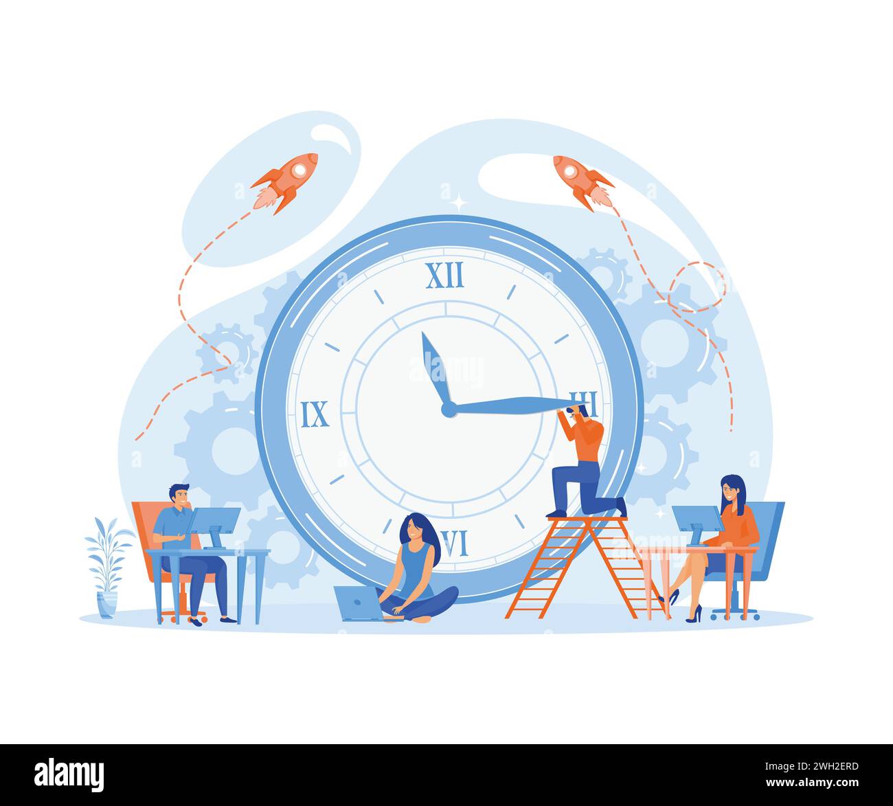 Time management, control. Businessman run along gear in form of clock ...