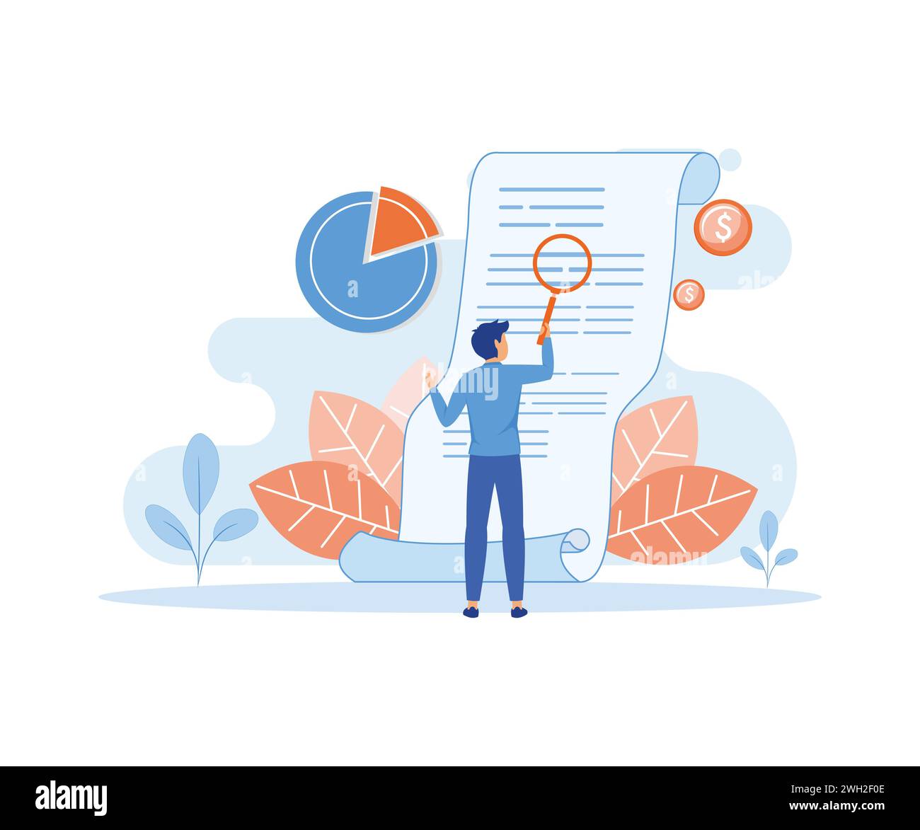 A man looks through a magnifying glass at a bill, check or invoice ...