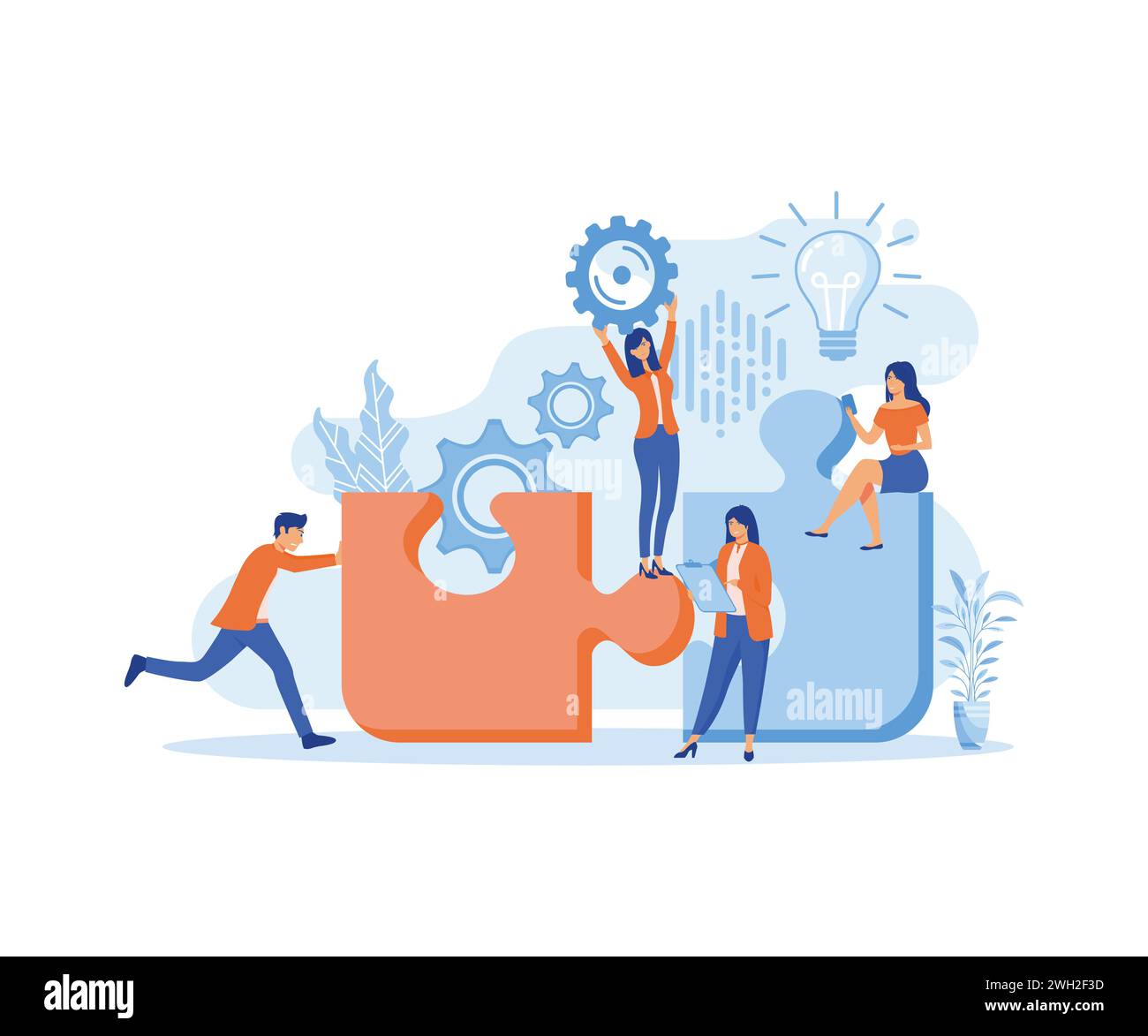 Group of young business people working together with puzzle as a symbol ...