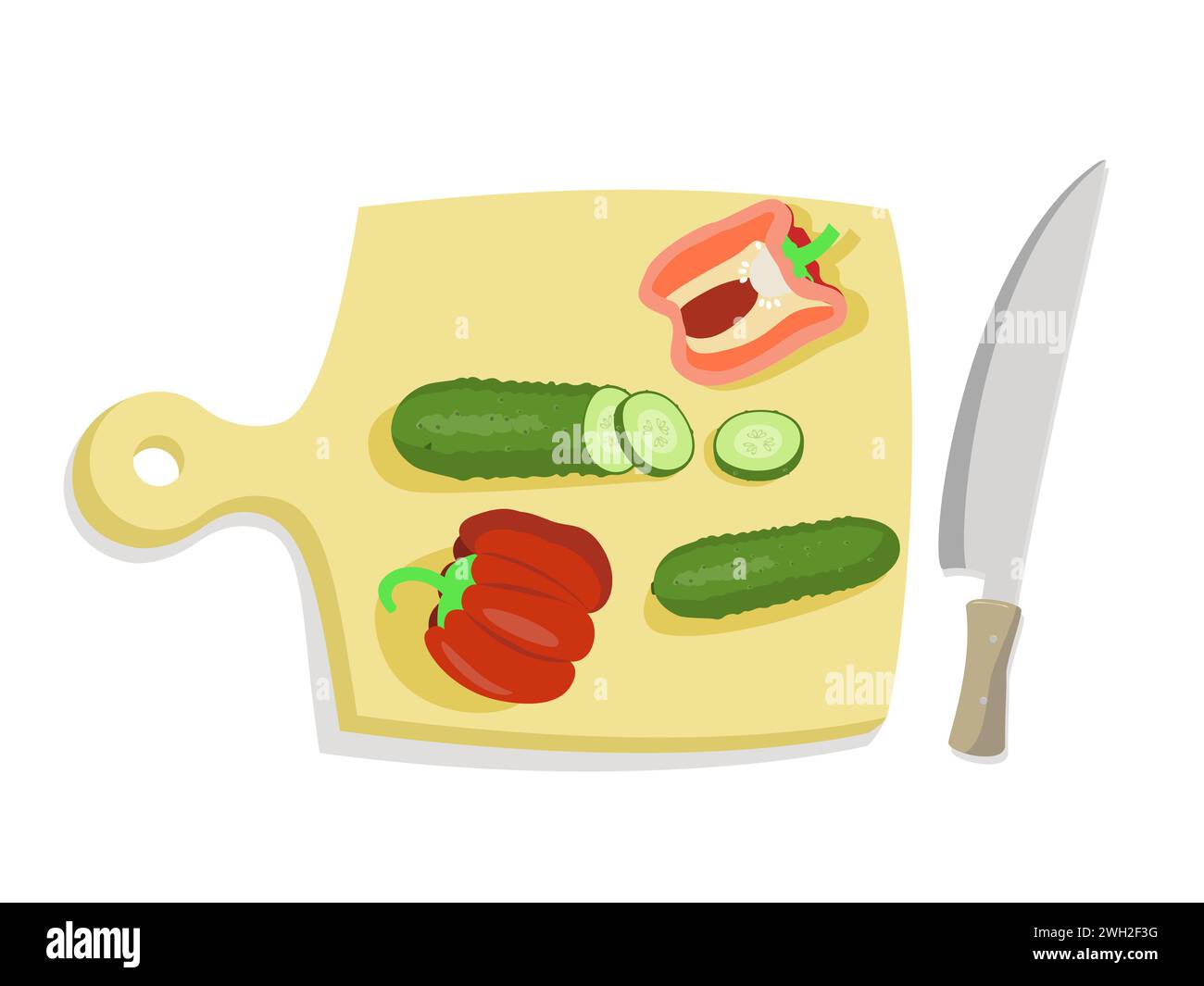 Cutting board with sliced vegetables and a knife on white background ...