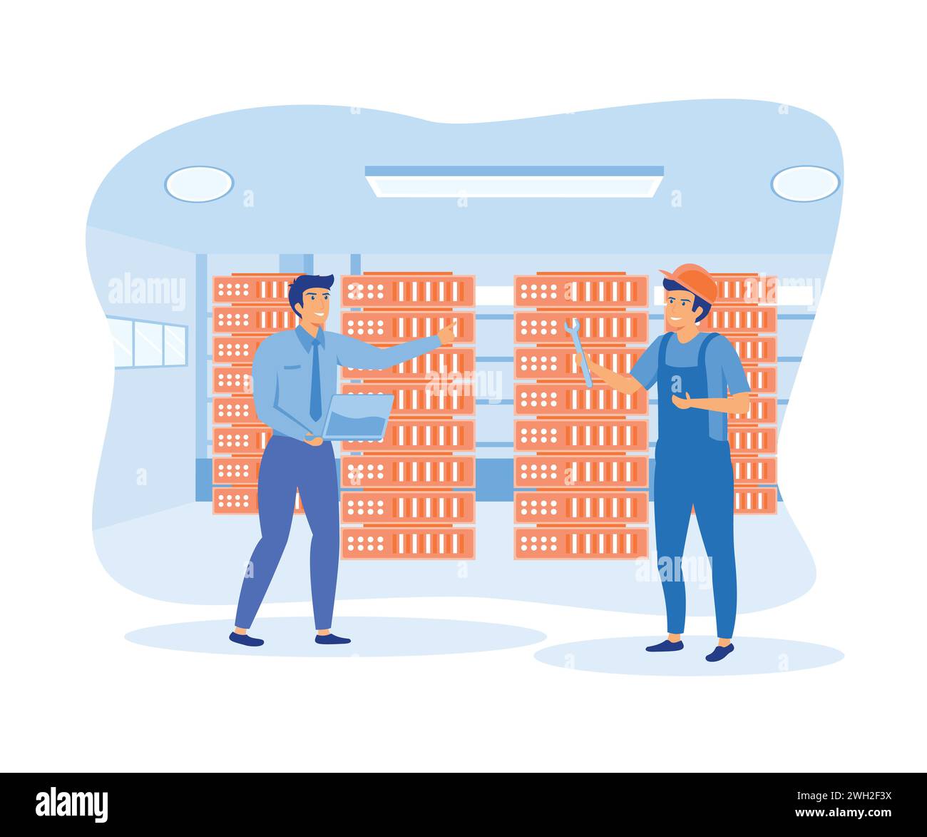 Data center services concept. Service engineers administrators set up data centers. Setting ...