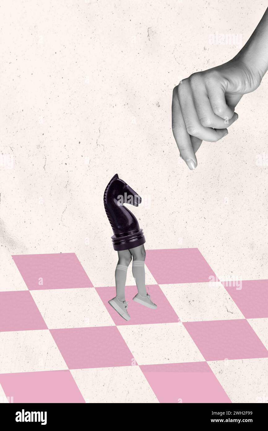 Creative poster collage of chess figure legs walking chessboard ...