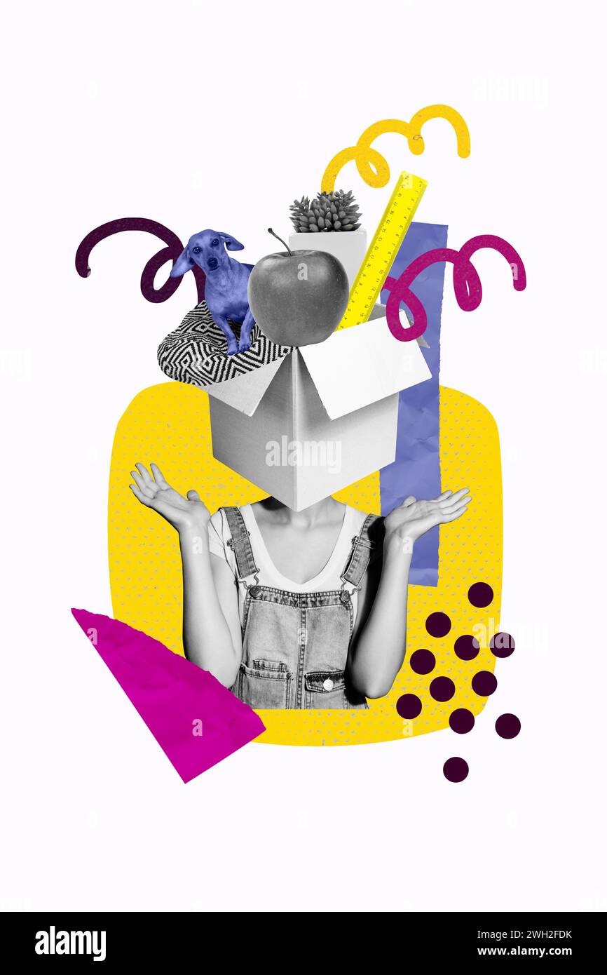 Vertical image collage young headless girl carton package box instead ...