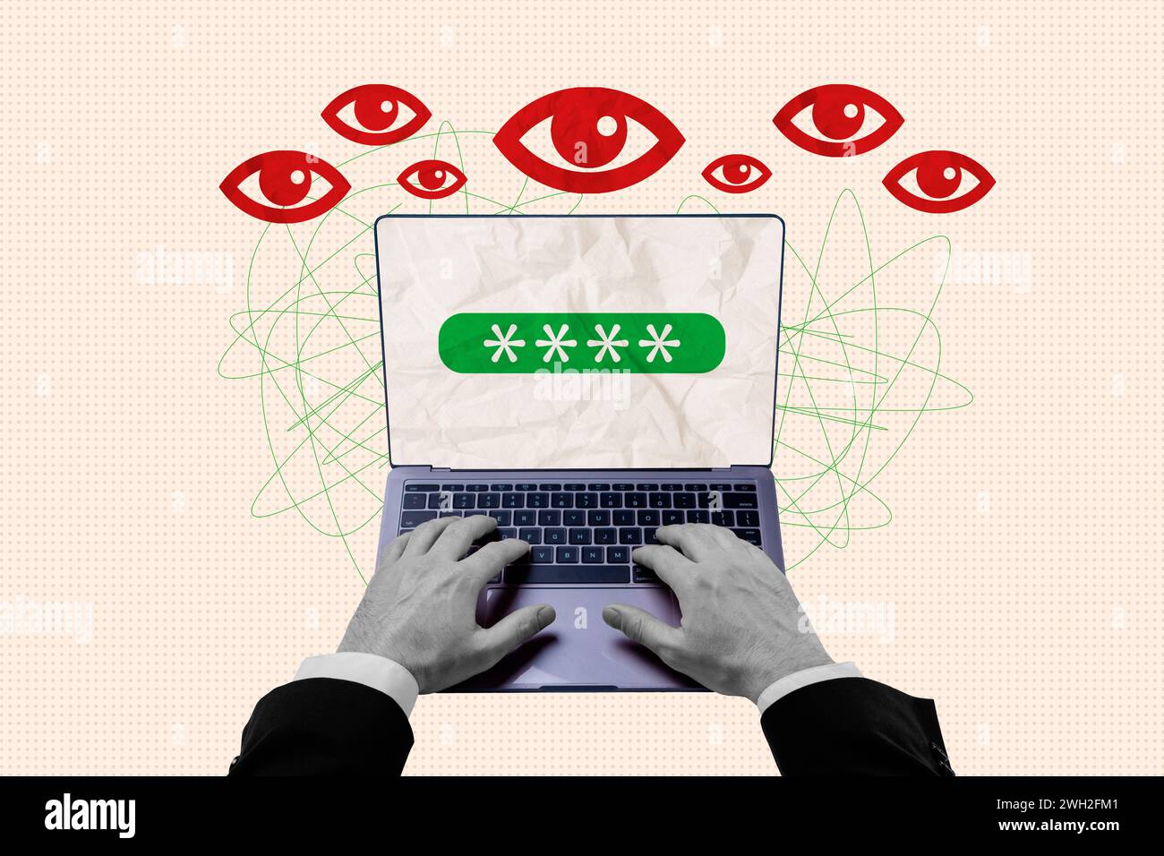 Photo collage man hands typing keyboard laptop password combination ...