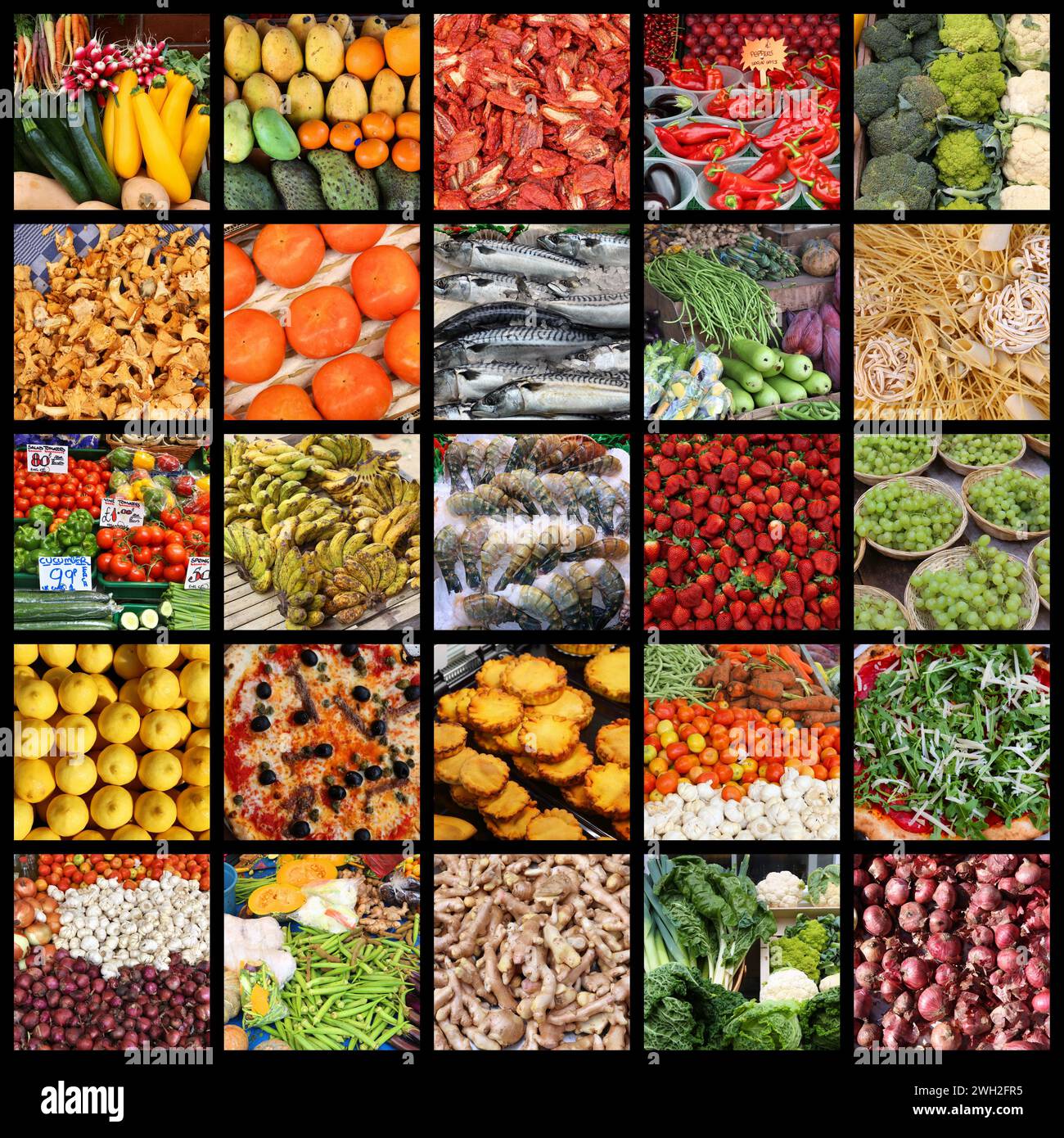 Food photo square collage. Many photos of vegetables, fruit and fish ...