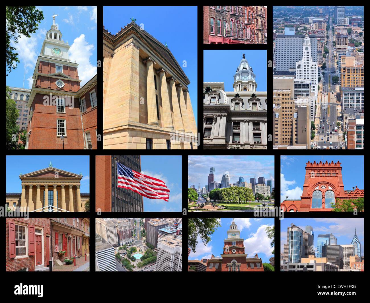 Philadelphia landmarks collage with skylines, Independence Hall, City ...