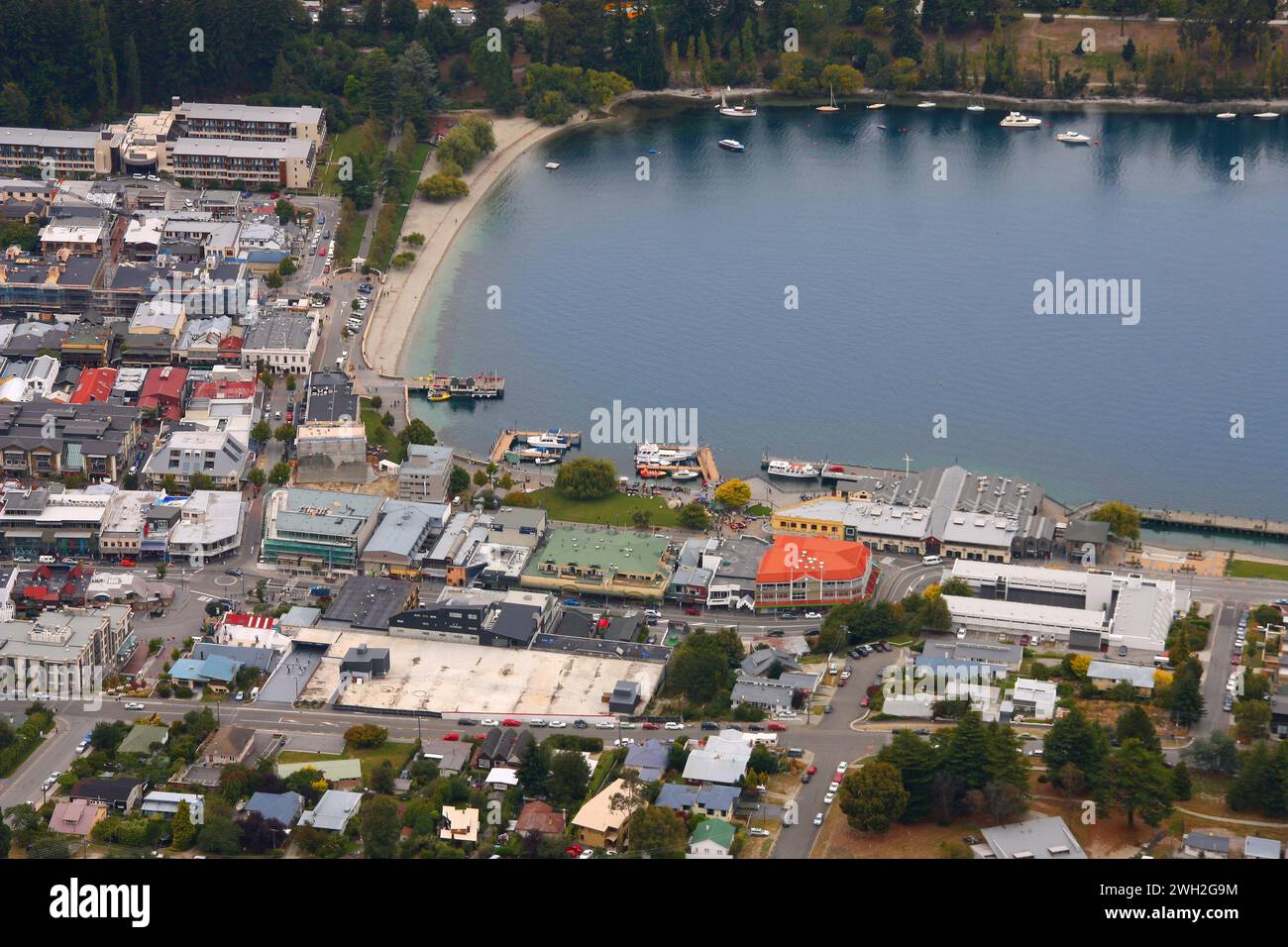 Queenstown, New Zealand - aerial view with Lake Wakatipu and Queenstown ...