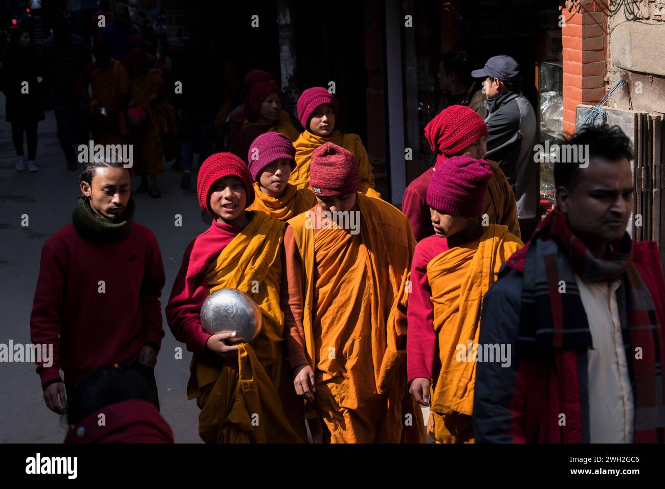 Kathmandu, Nepal- April 20,2023 : Buddhist monks walk the streets of ...