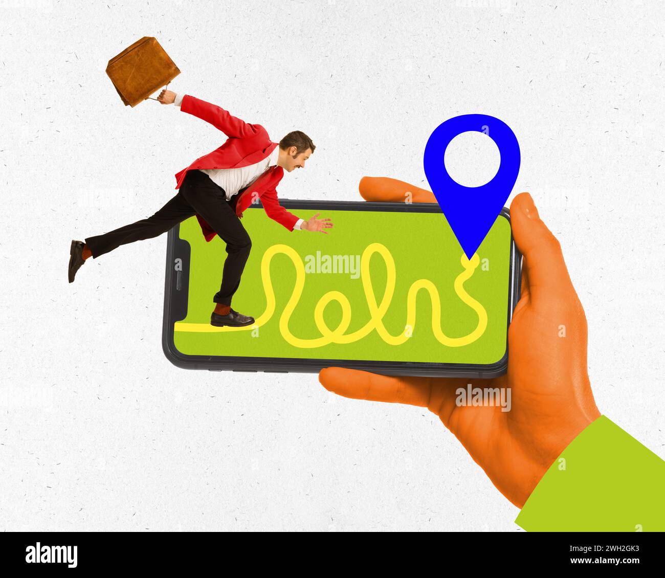 Contemporary art collage. Man in red blazer running on smartphone ...