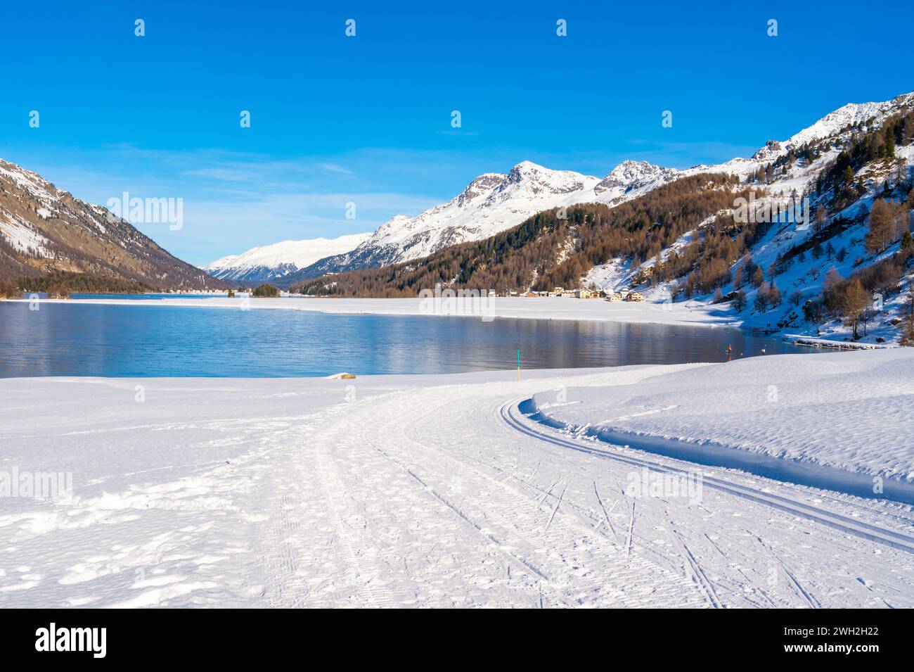 Engadine, Switzerland, Sils Maria lake, the village of Isola and the ...