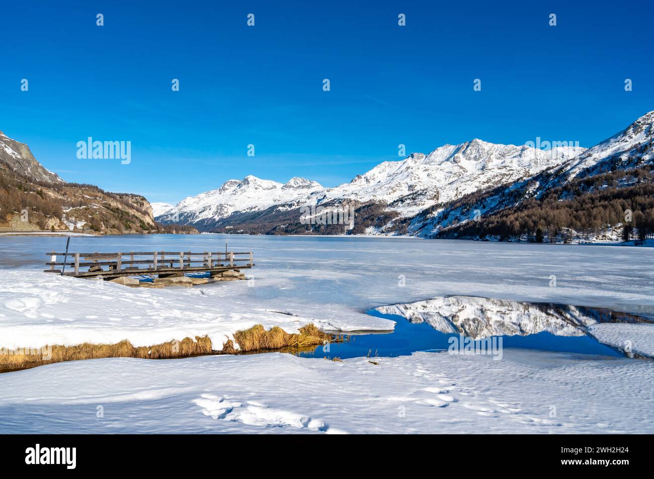 Engadine, Switzerland, Sils Maria lake, the village of Isola and the ...