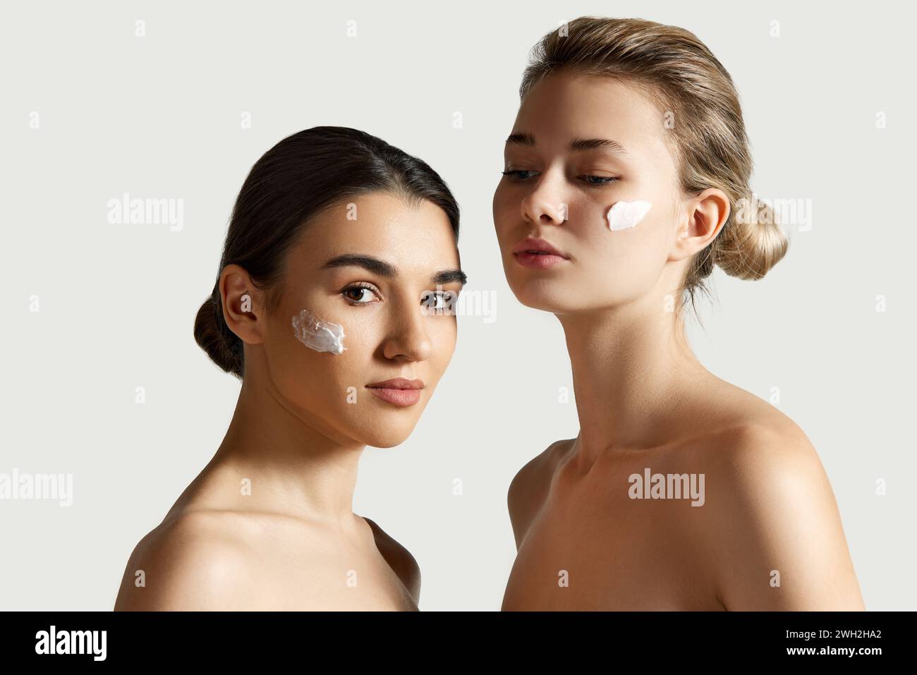 Organic skin care products promotion. Beautiful girls with well-kept ...