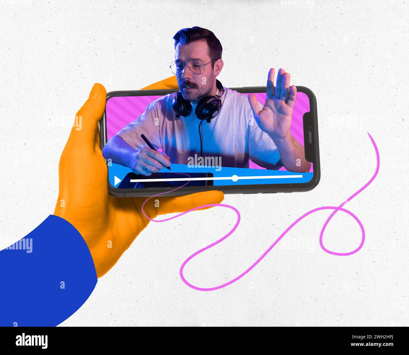 Modern aesthetic artwork. Hand holding phone with man, blogger sitting ...