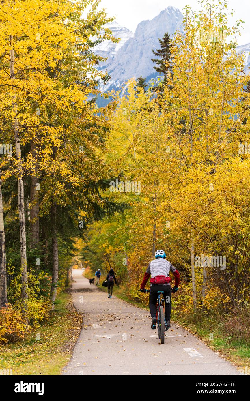 People walking and cycling on the Spur Line Trail in fall season ...