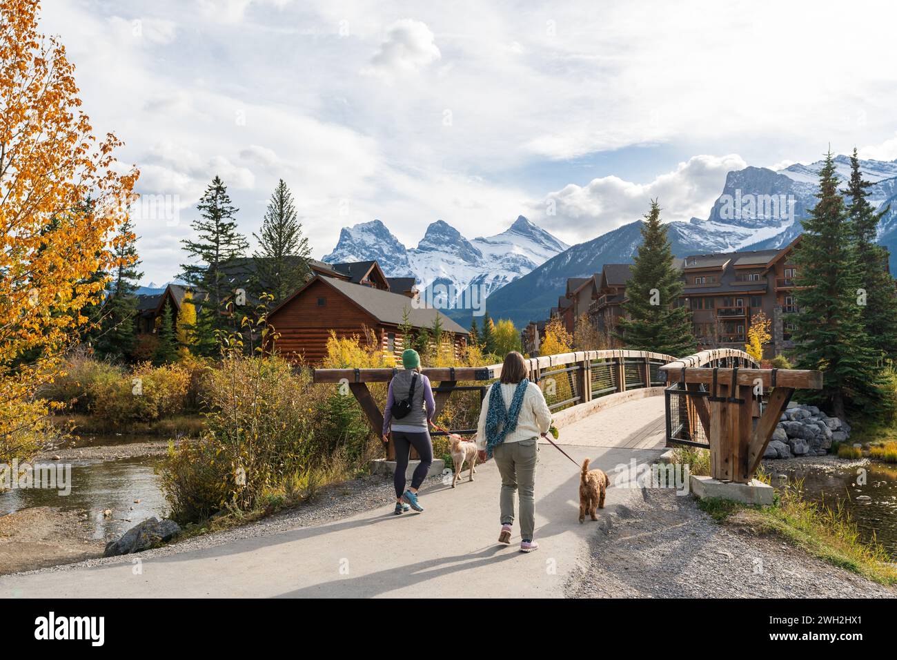 Residents walking the dogs in Town of Canmore in fall season. Canmore ...