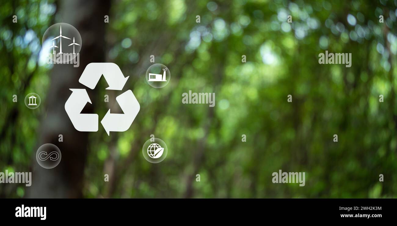Recycle symbol on green bokeh background. Ecological and save the earth ...