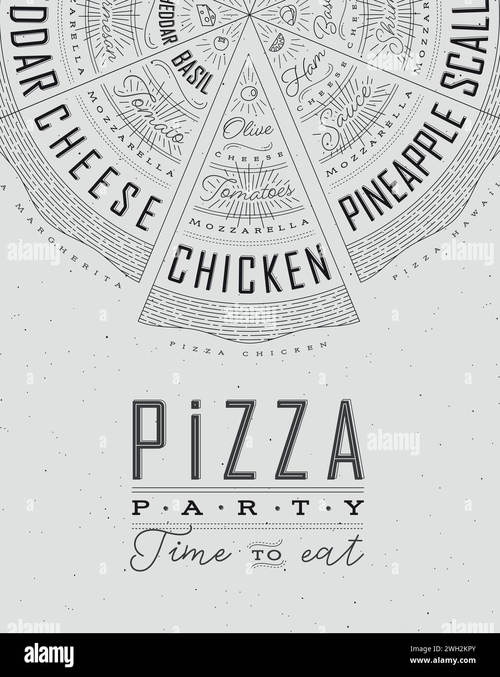 Poster featuring slices of various pizzas, chicken, seafood, pepperoni ...
