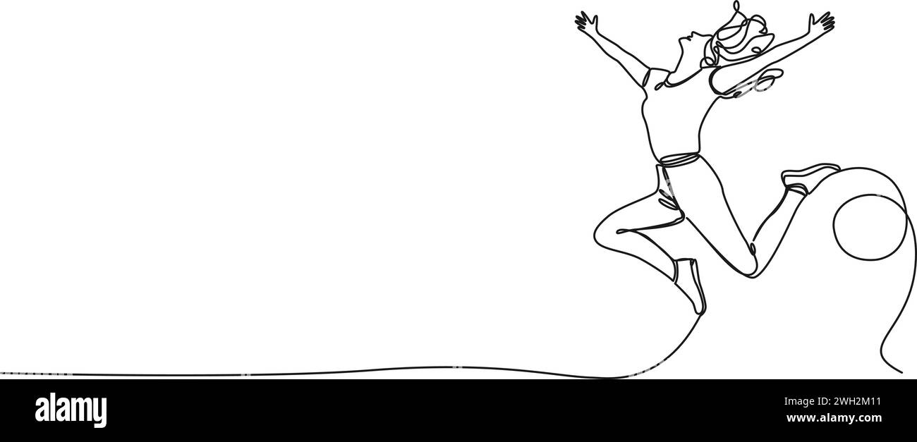 continuous single line drawing of joyful woman jumping up in the air ...
