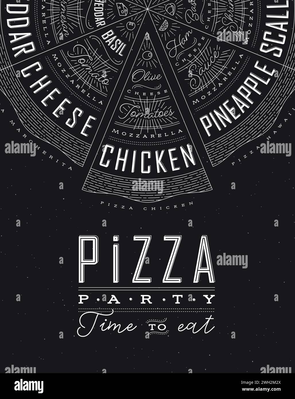 Poster featuring slices of various pizzas, chicken, seafood, pepperoni ...