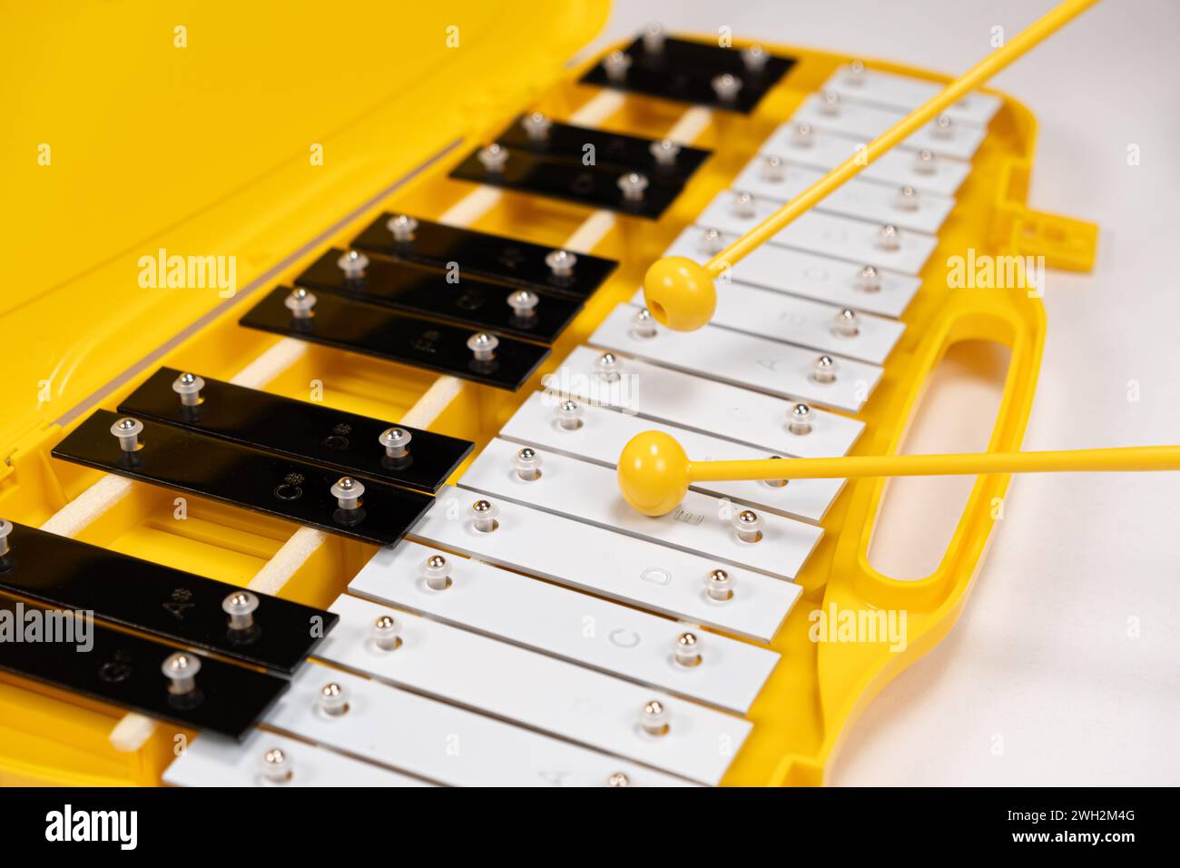 Metallophone, metal xylophone, percussion musical instrument on a white ...