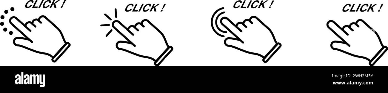 Hand-click icon set in line style. mouse press push simple black style ...