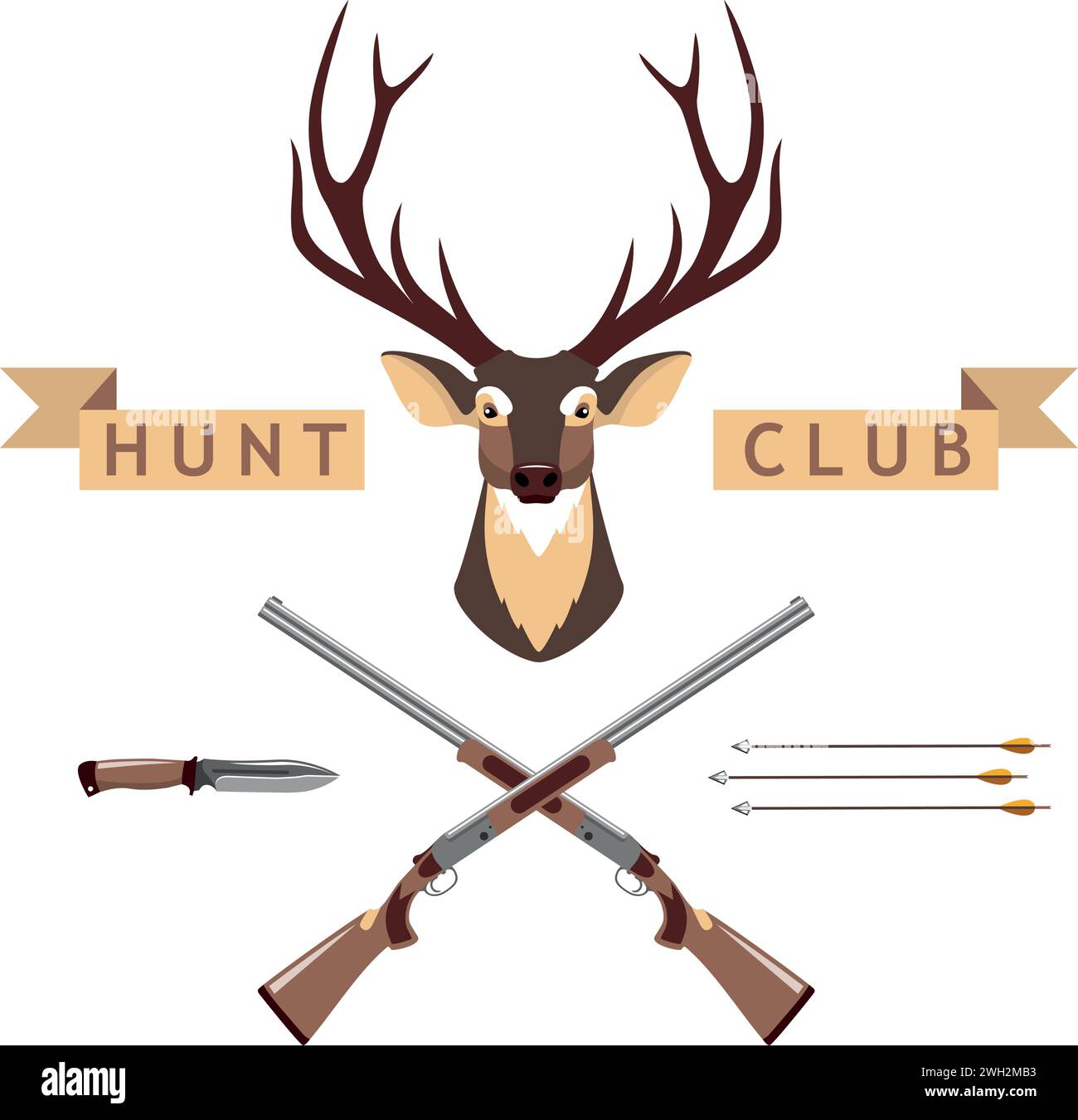 Deer Head, Wooden Arrows, Knife, Crossed Hunting Rifles and Brown ...