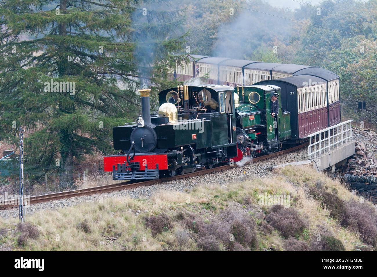 A double header narrow gauge train at Dduallt on the Ffestiniog Railway ...