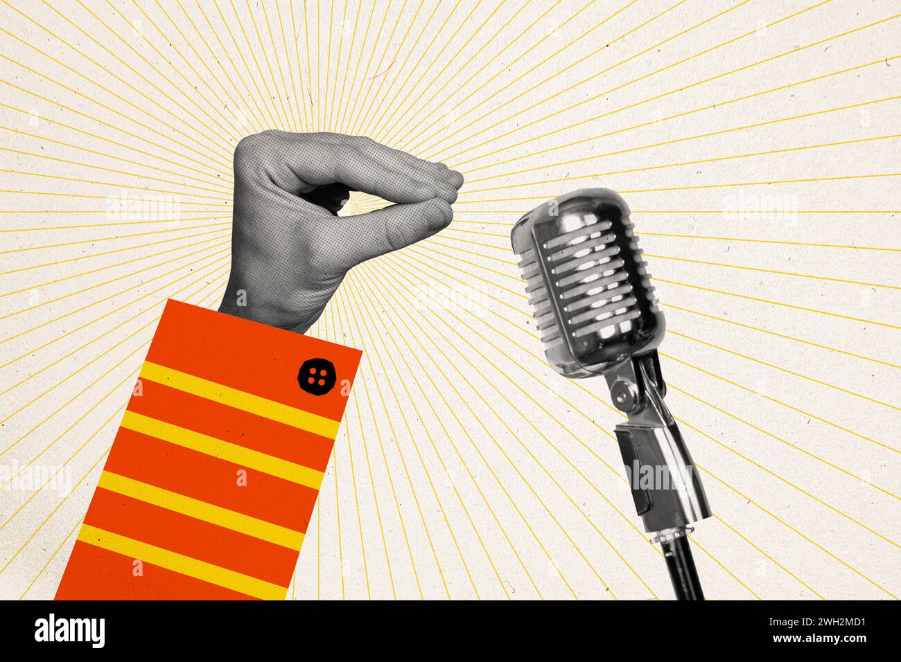 Collage image exclusive magazine of arm holding vintage microphone ...