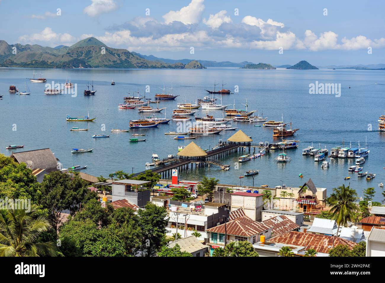 Part of the port and buildings in Labuan Bajo, a larhe town at the ...