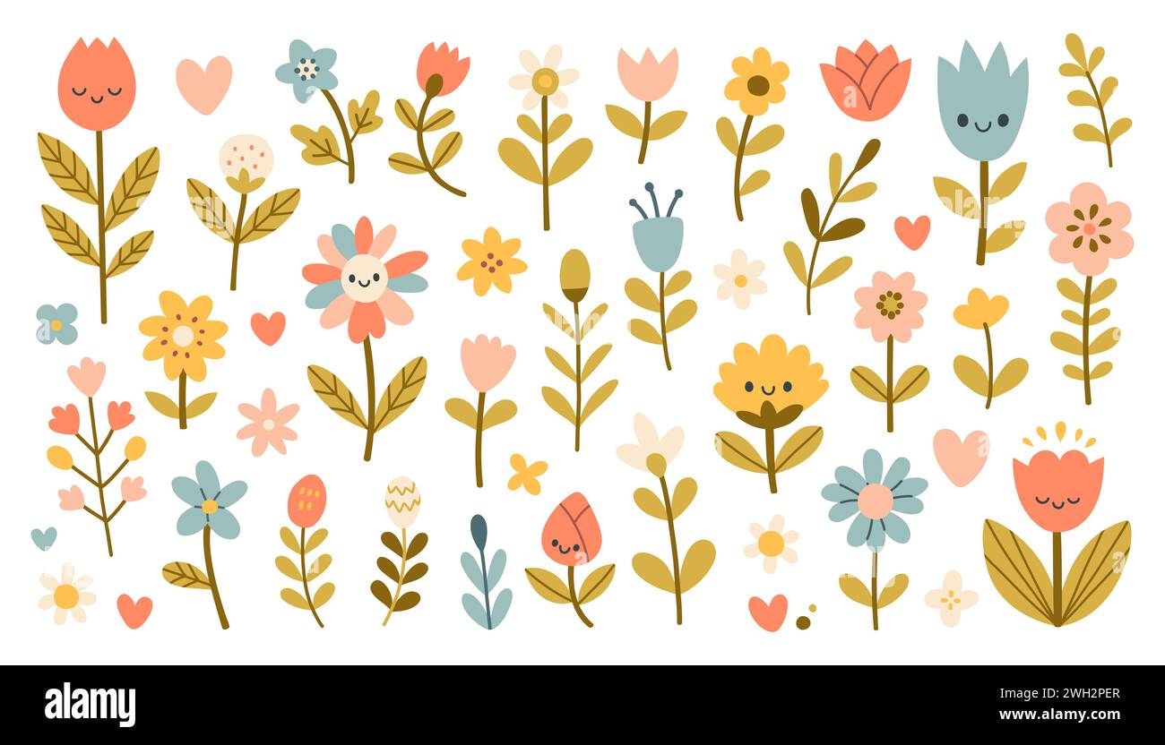 Isolated set with cute spring flowers and leaves in flat style. Kids ...