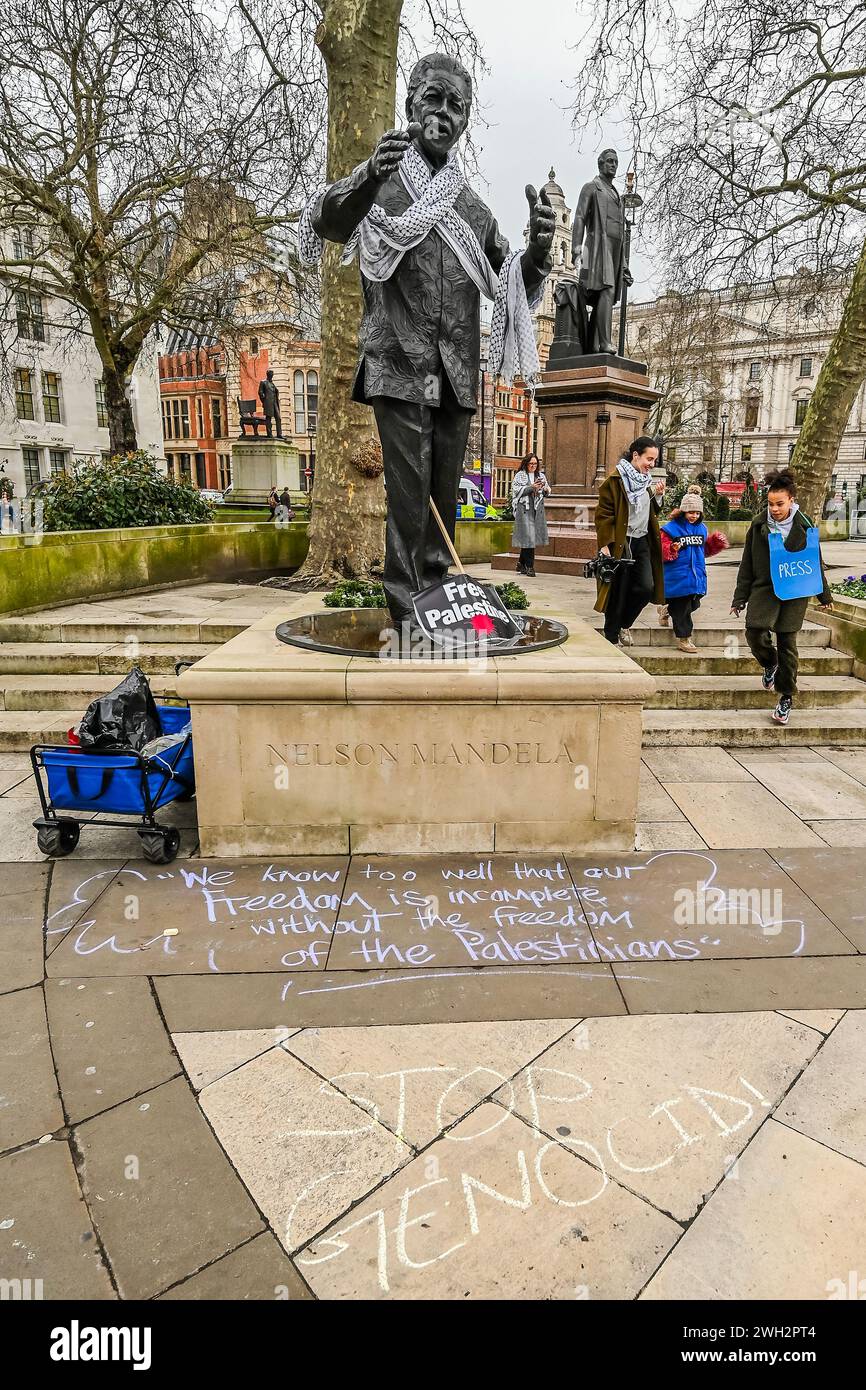 London, UK. 7 Feb 2024. The statue of Nelson Mandella is a focal point ...