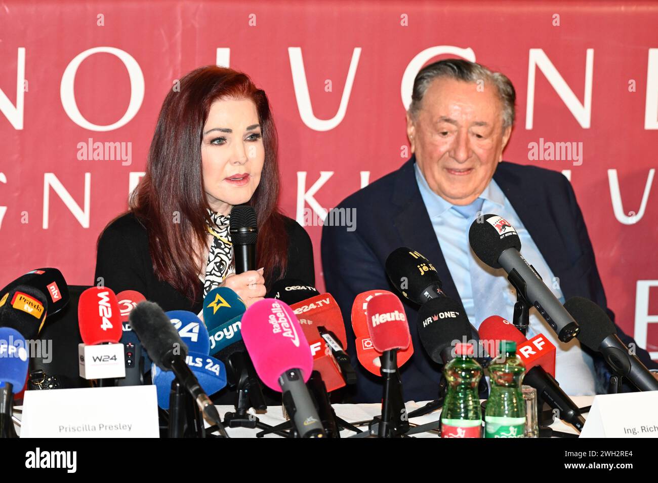 Vienna, Austria. 7th Feb, 2024. US actress Priscilla Presley (L) speaks ...