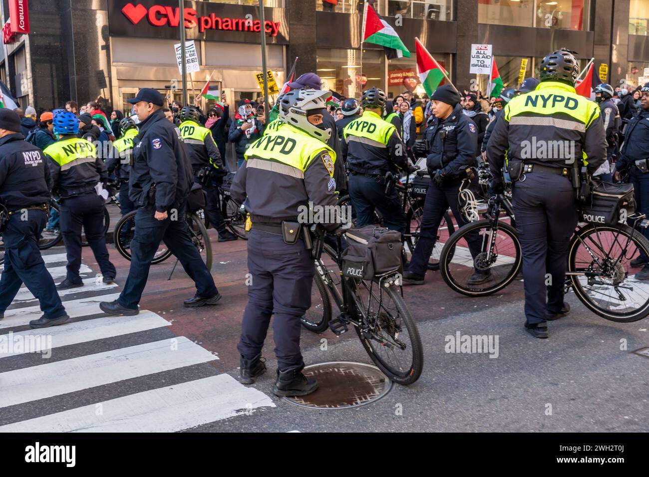 NYPD officers herd supporters of Palestine onto the sidewalk as they ...