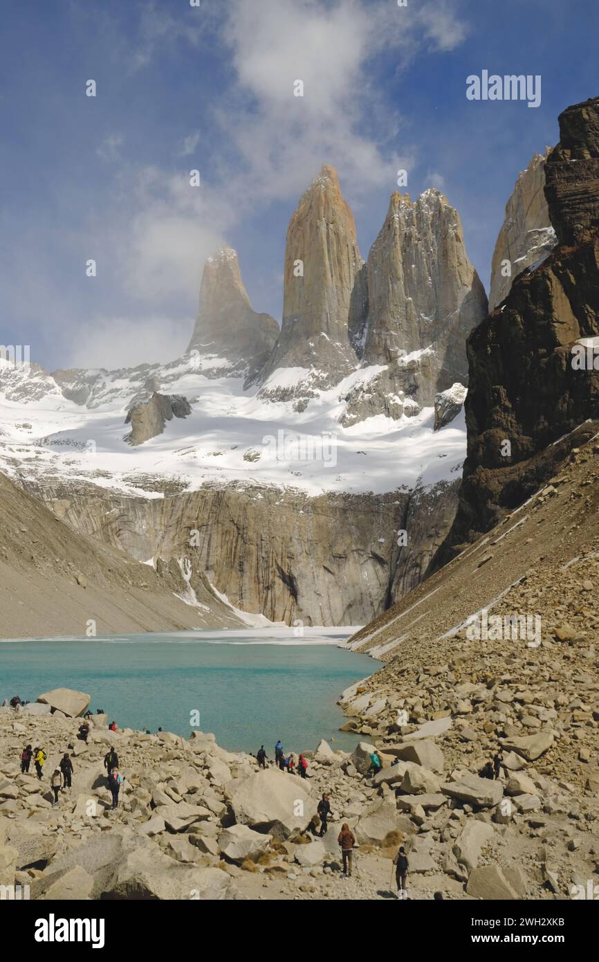 Torres del Paine, viewed from the lake at the foot of the peaks, known ...