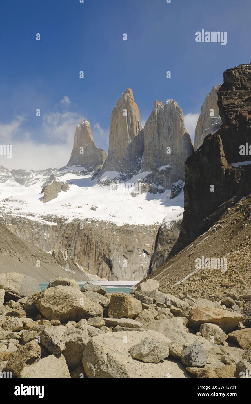 Torres del Paine, viewed from the lake at the foot of the peaks, known ...