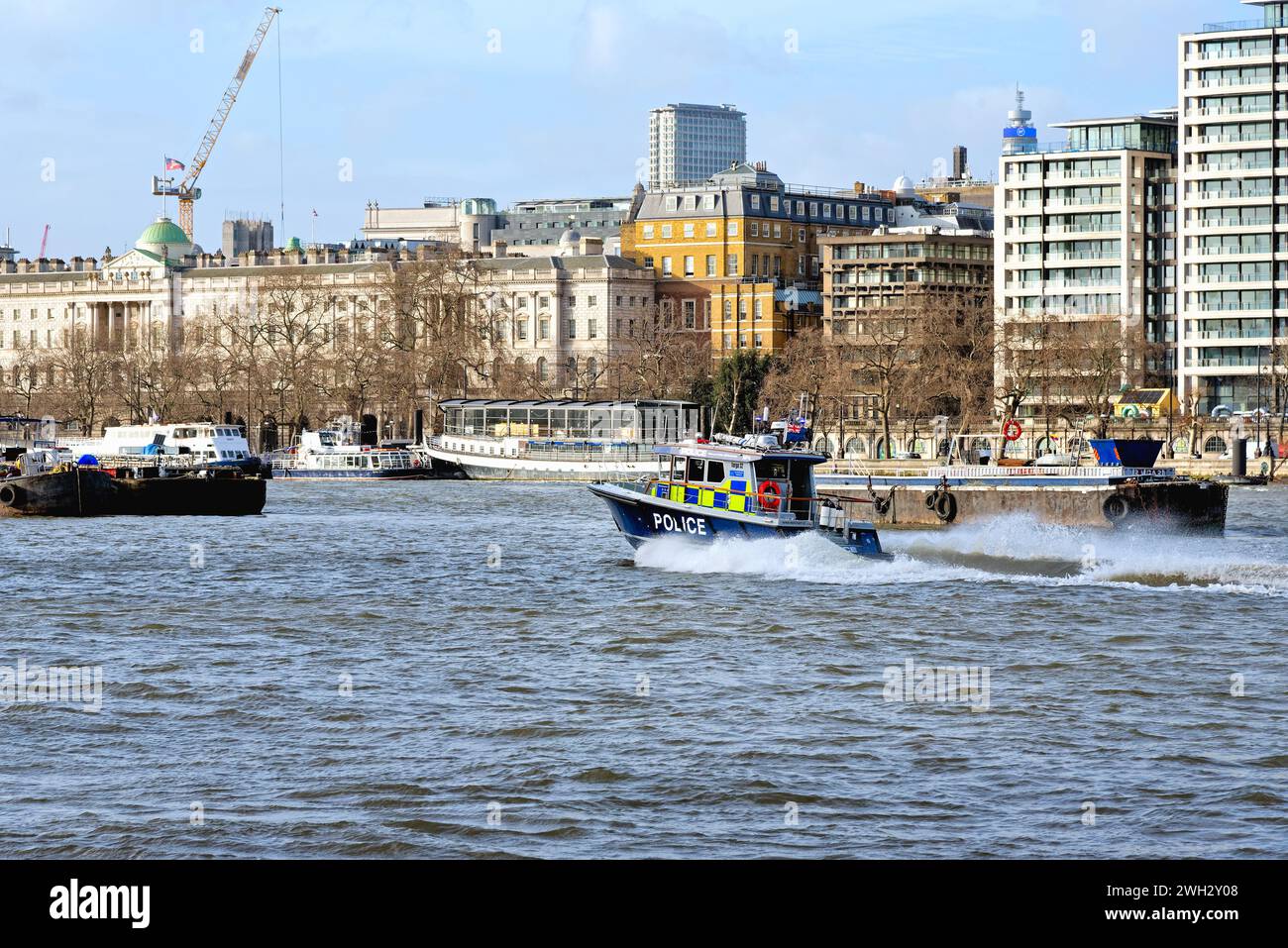 The Metropolitan Police launch, Nina Mackay lll, travelling at speed on ...