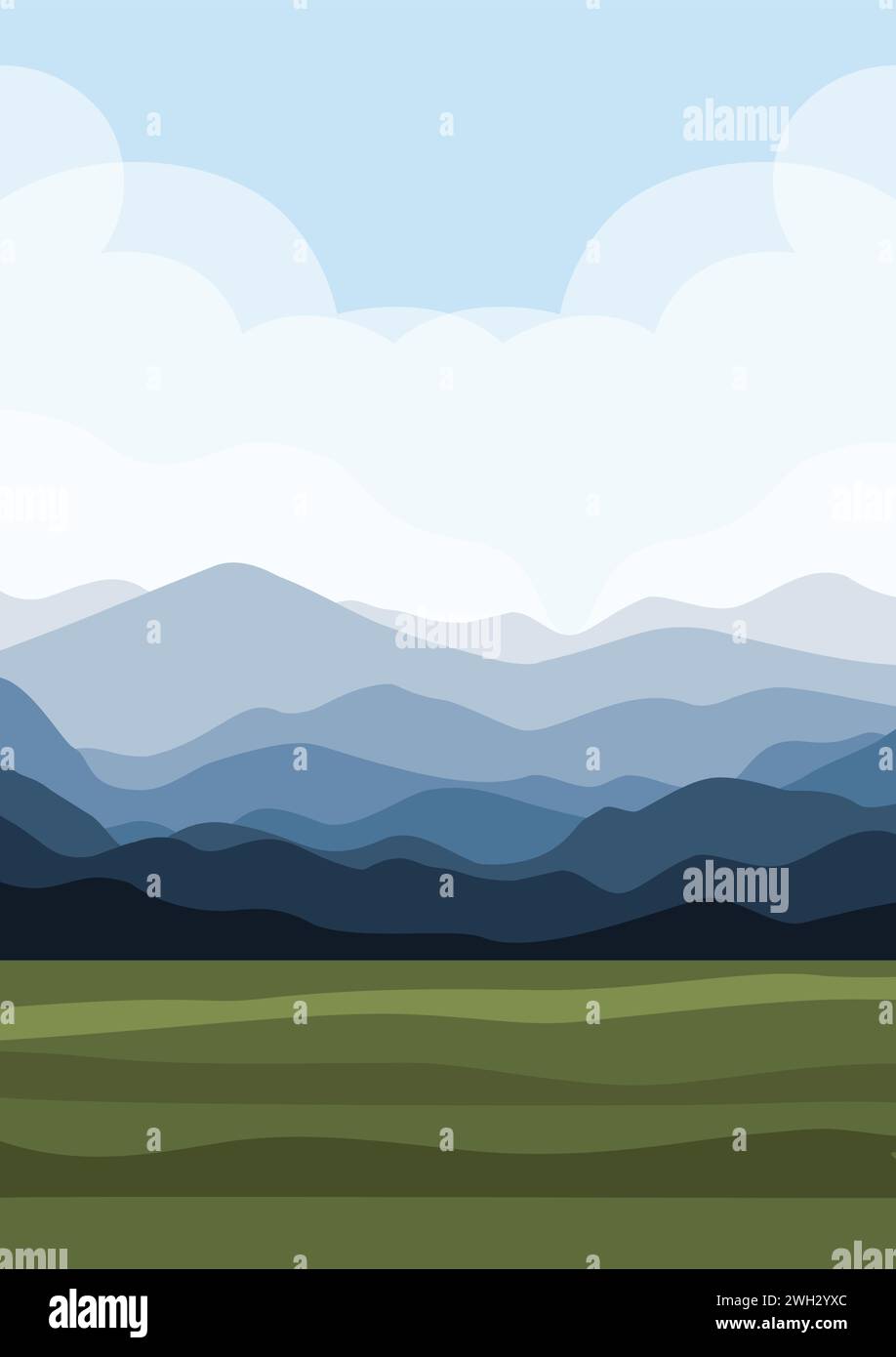 Vector illustration of beautiful summer fields landscape. Blue hills ...