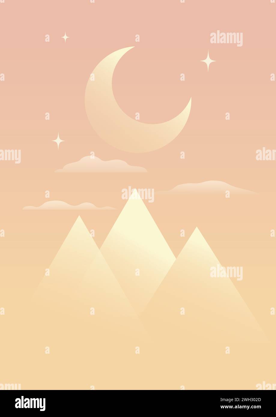 Night with moon and beautiful Egyptian pyramids. Dreamy vector ...