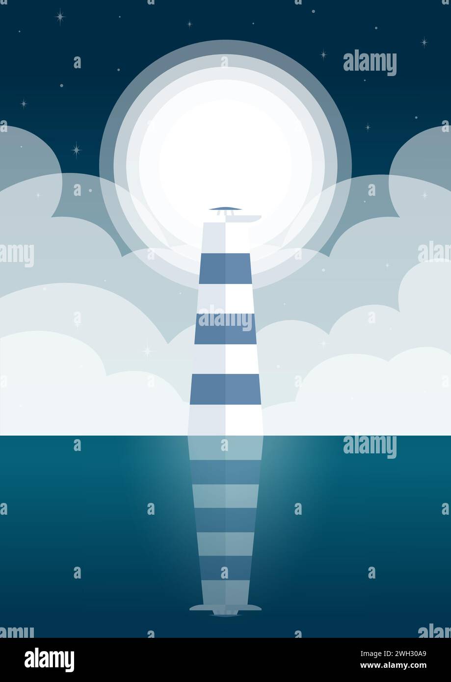 Scenic landscape of a sea shore with lighthouse at night. Marine ...