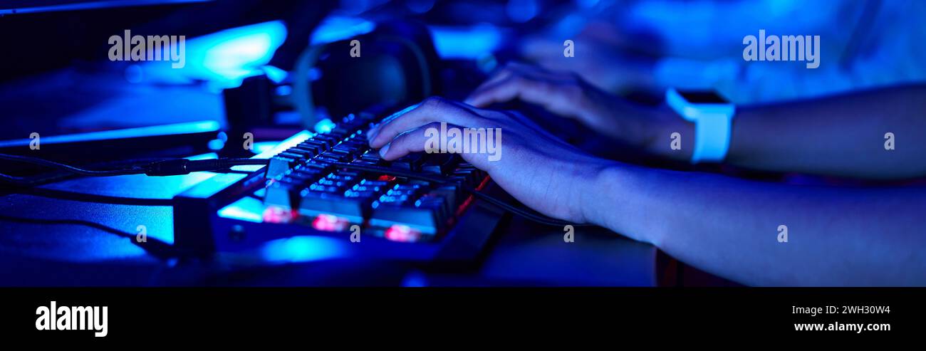 cropped banner of female hands, young gamer using computer keyboard ...