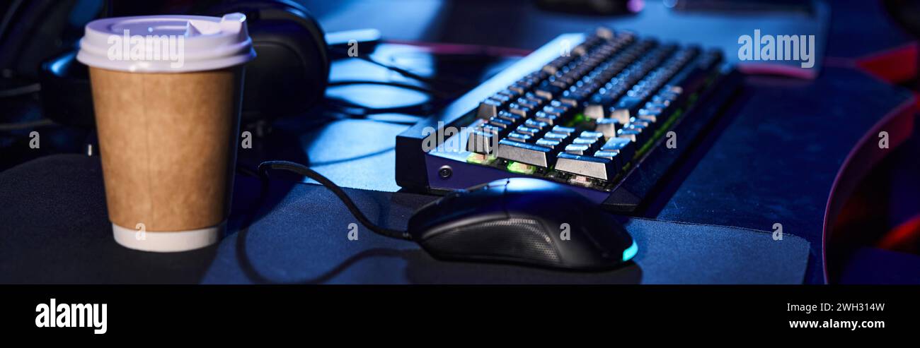 modern set-up with a sleek computer keyboard and mouse on a table next ...