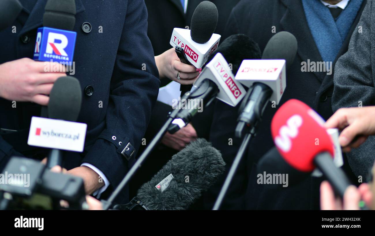 Warsaw, Poland. 7 February 2024. Microphones with the logo of the TV ...